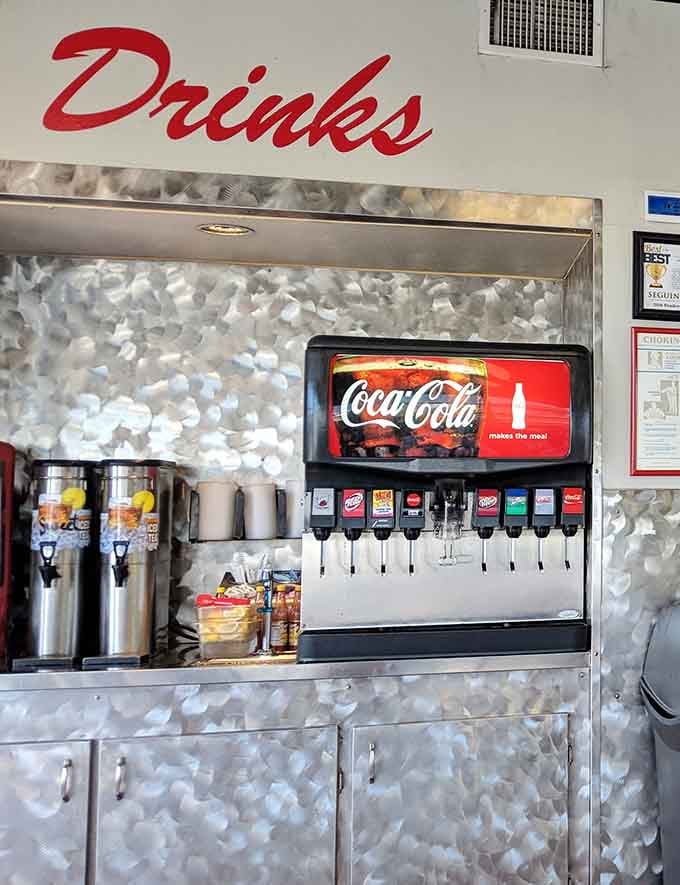 The classic soda fountain with that retro "Drinks" sign takes you back to simpler times when burgers were king.
