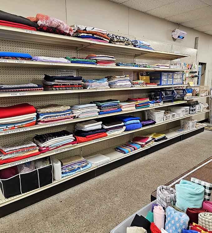Fabrics, linens, and textiles organized neatly, perfect for crafters or anyone who appreciates quality materials at thrift prices.