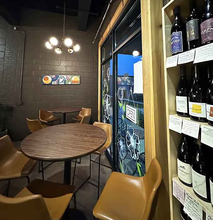 Wine shelves stocked floor to ceiling prove LaRue understands that chocolate and wine are basically best friends forever.