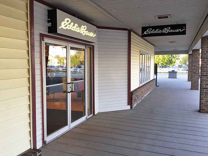 Eddie Bauer storefront stands ready to outfit your outdoor adventures, real or completely imaginary, at outlet prices.
