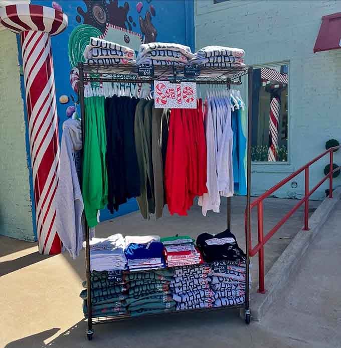 Even the merchandise outside coordinates with the candy theme, because commitment to whimsy knows no bounds here.