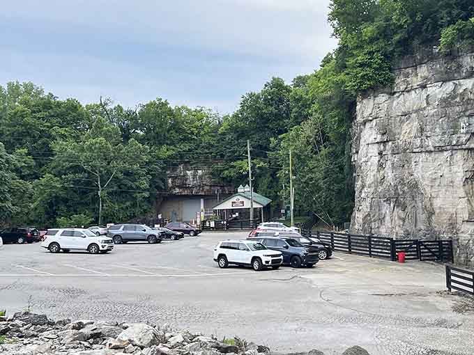 Regular parking lot hiding an irregular secret. Your car has no idea what you're about to experience down below.