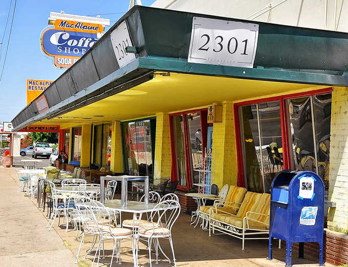 Sunshine, vintage seating, and a blue mailbox create the perfect spot for people-watching between bites of nostalgia.