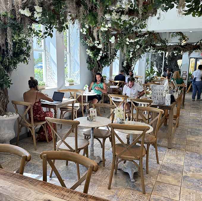 People working on laptops in a French caf&eacute; proves that paradise and productivity can coexist under flowering tree branches.