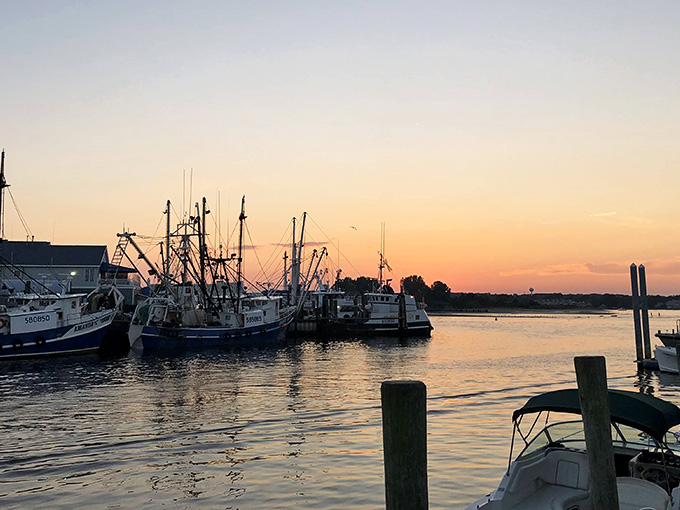 Working boats rest peacefully as sunset paints everything amber, a scene straight from every coastal calendar you've ever loved.