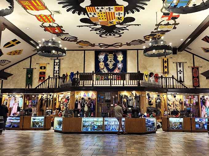 That gift shop ceiling decorated with coats of arms tempts you toward purchases your garage doesn't need.