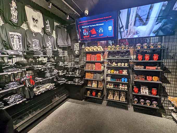 The gift shop offers souvenirs considerably less painful than the exhibits, perfect for that friend who has everything except nightmares.