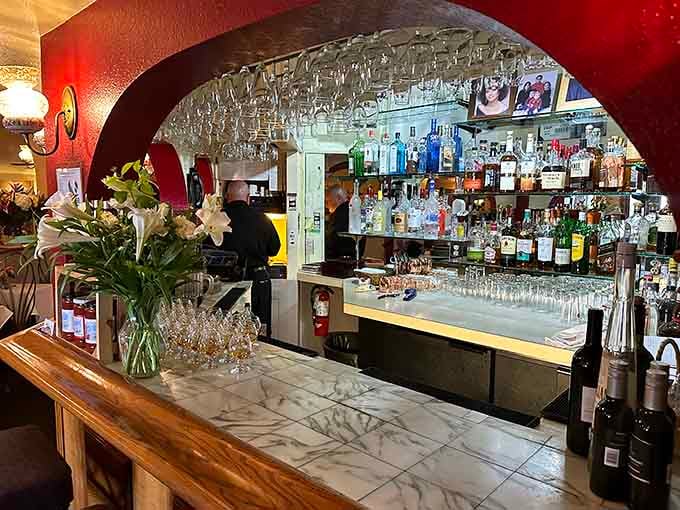 A well-stocked bar ready to pair the perfect wine with whatever pasta masterpiece you're ordering.