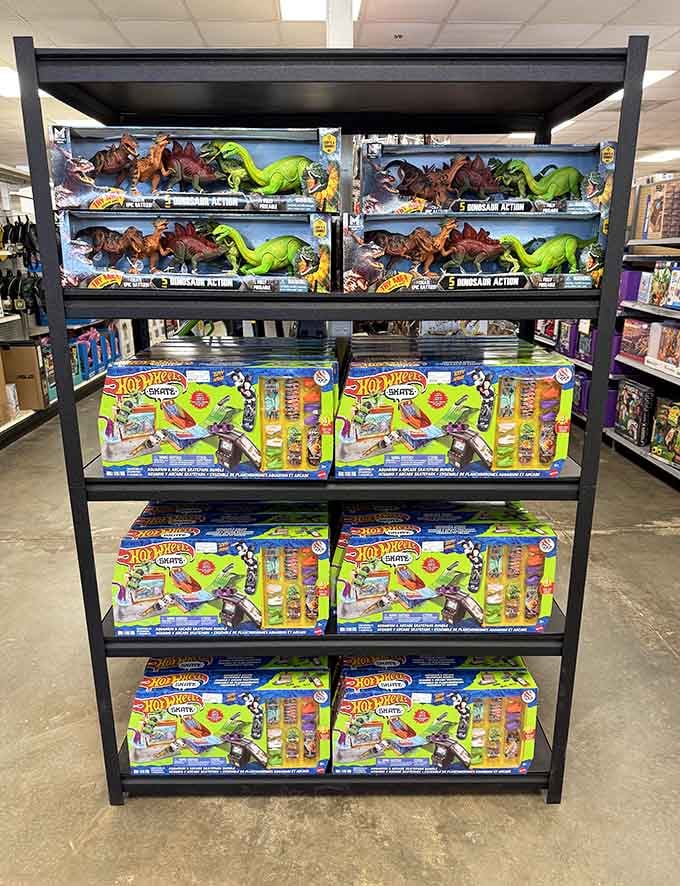 Toy shelves stocked with dinosaurs and Hot Wheels, making childhood dreams affordable for parents and grandparents everywhere today.