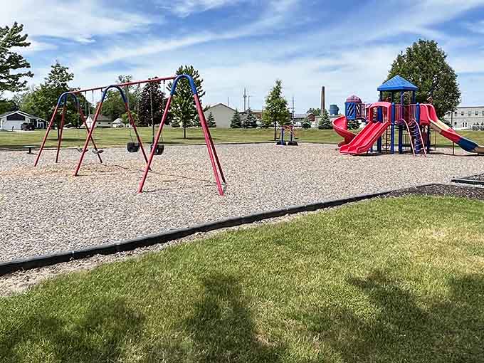 This playground equipment sits ready for action, because even food paradise towns know kids need somewhere to burn off that energy.