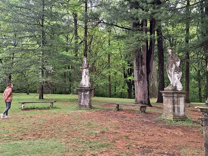 Classical statues standing guard among the pines like silent, elegant sentinels of the garden.