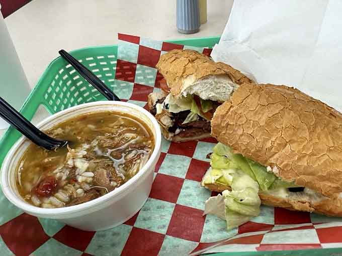 A smoked sausage po'boy with gumbo proves Louisiana knows exactly what it's doing when it comes to lunch.