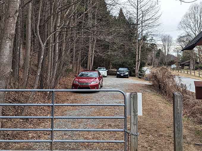 The parking area at the trailhead where your adventure begins, conveniently located and blissfully free of parking meters or valets.