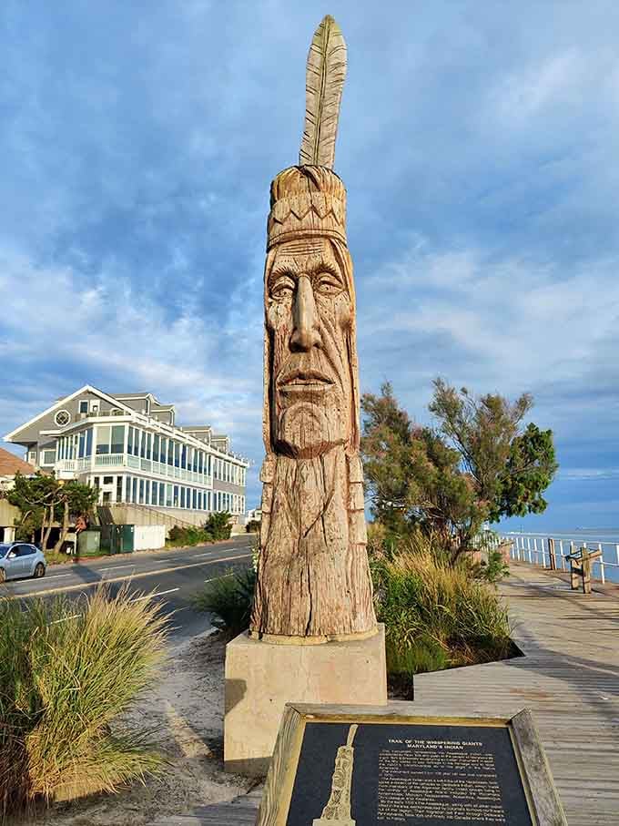 The carved wooden sentinel stands watch over the bay, honoring history while greeting modern-day explorers passing by.