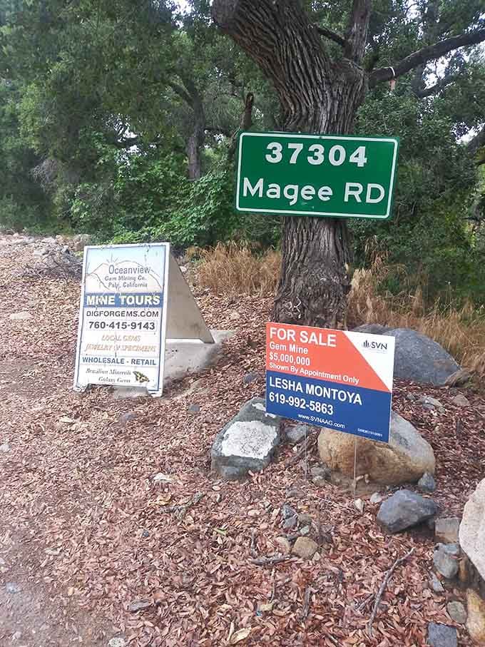 The roadside signs mark your gateway to adventure, where Magee Road leads to genuine California gem country.