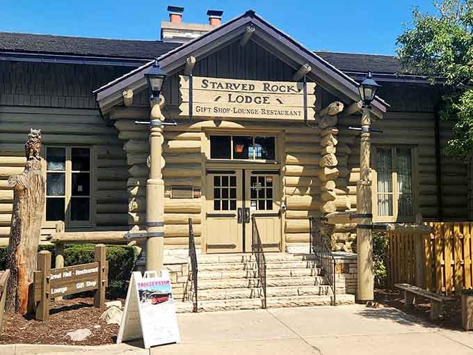 Starved Rock Lodge's rustic entrance promises hearty meals and cozy comfort after long days exploring those magnificent canyons.