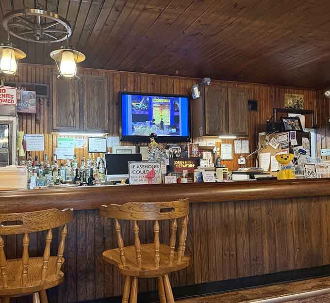 A proper small-town bar where wooden stools have supported more conversations than a therapist's couch.