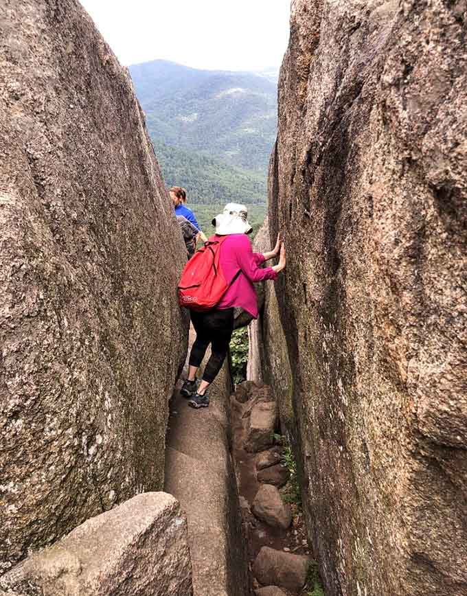 Navigating tight spaces with mountain views: it's like the world's most scenic escape room experience.