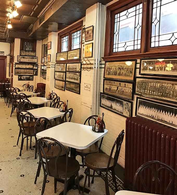 White subway tiles and vintage tables create the perfect backdrop for serious seafood consumption and happy food comas.
