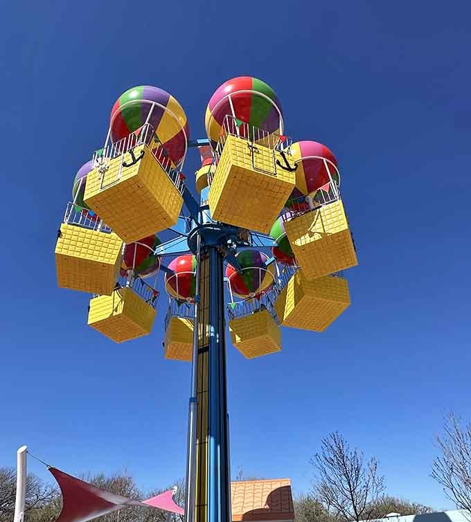 Hot air balloon baskets ascending skyward, offering views that make even adults feel like they're floating away.
