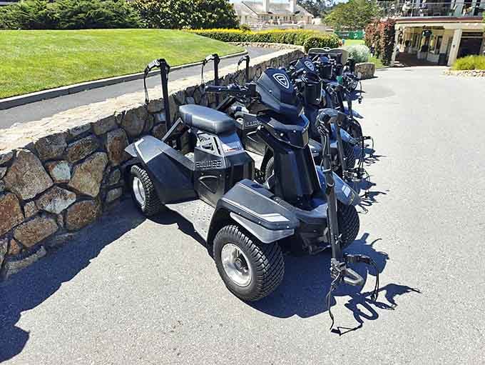 Electric carts ready to ferry you through what might be the prettiest five hours you'll ever spend outdoors.