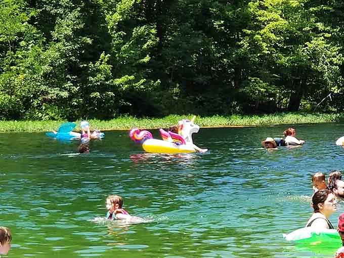 Colorful floats dotting the swimming area look like a summer party that never wants to end.
