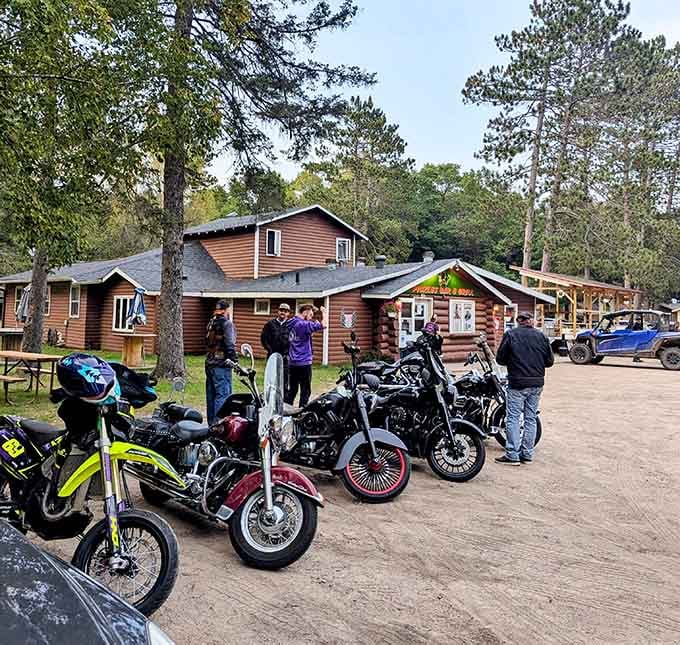 Motorcycles lined up outside like a scene from a movie where everyone rides off into the sunset completely satisfied.
