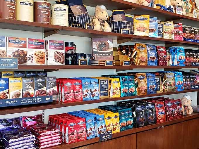 Ghirardelli chocolate bars lined up like delicious soldiers, ready to reward your successful shopping expedition with sweet victory.