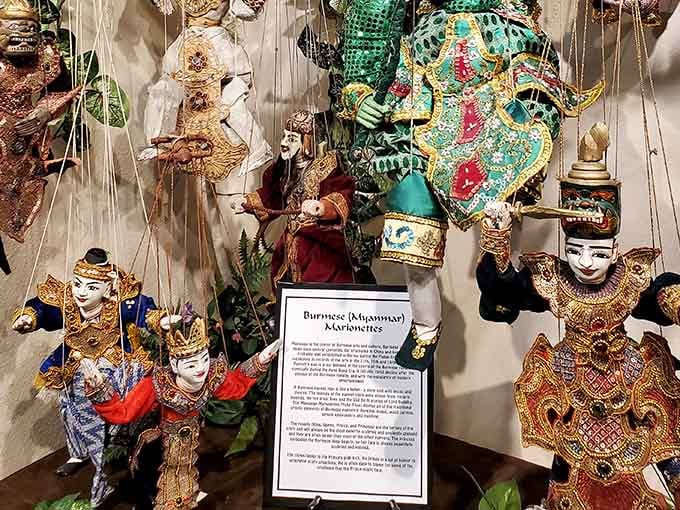 Burmese marionettes dazzle with their ornate costumes and elaborate construction, representing one of Asia's finest puppet traditions.