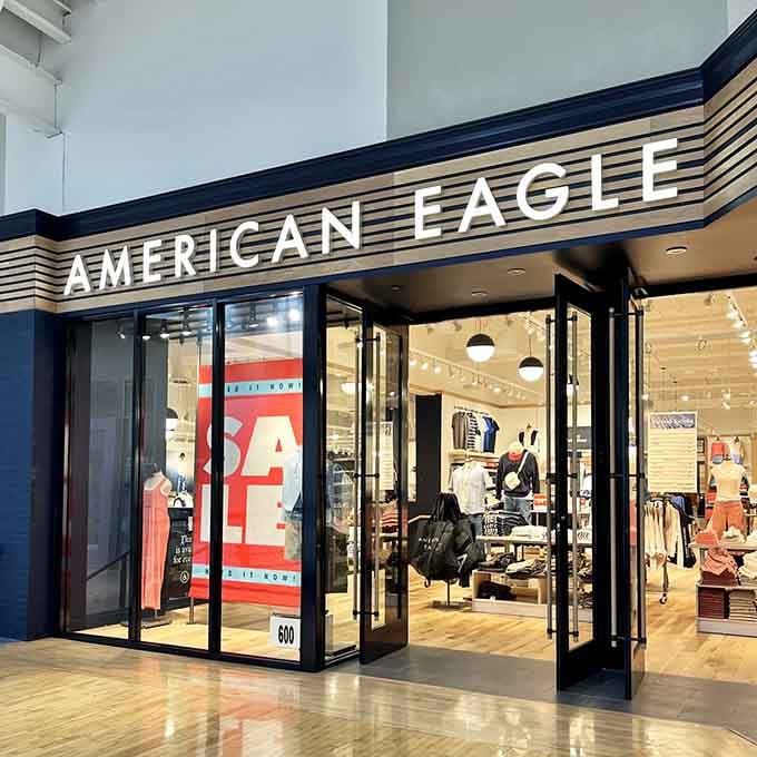 American Eagle's sleek storefront invites you to refresh your casual wardrobe without draining your retirement fund.