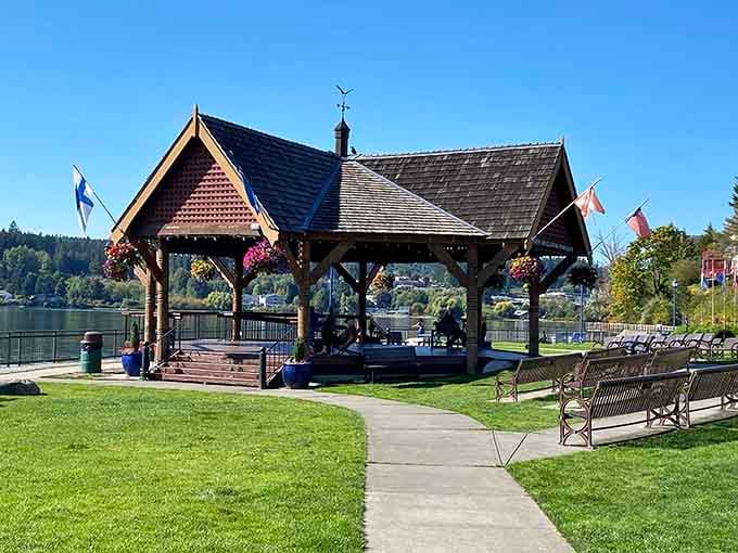 Hanging baskets and a waterfront pavilion create the perfect spot for contemplating life's important questions, like second dessert.