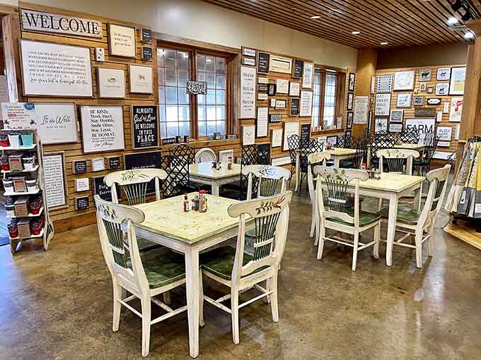 Cozy seating areas invite you to sit, relax, and plan your next round through the pecan displays.