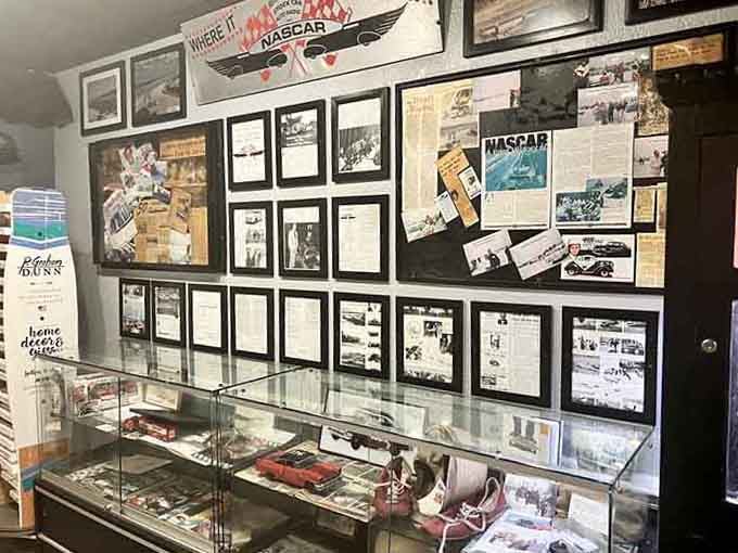Racing history lines the walls with vintage photos and NASCAR memorabilia that tell stories of speed and glory.