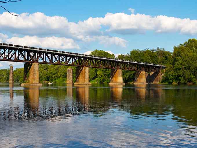 Iron trestle spans the water with engineering elegance, reflecting perfectly like it's admiring its own good looks.