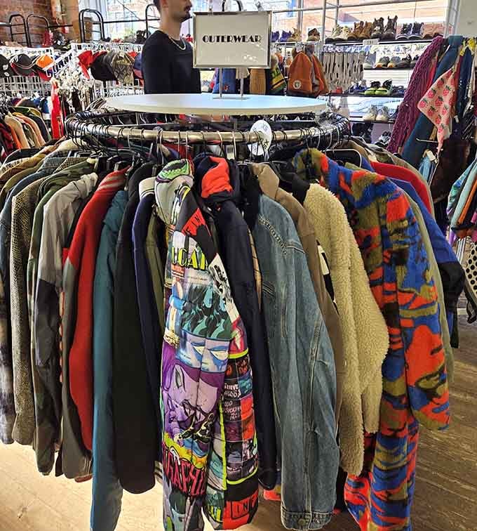 Outerwear ranging from practical fleece to wild printed jackets that definitely have stories to tell about the '90s.