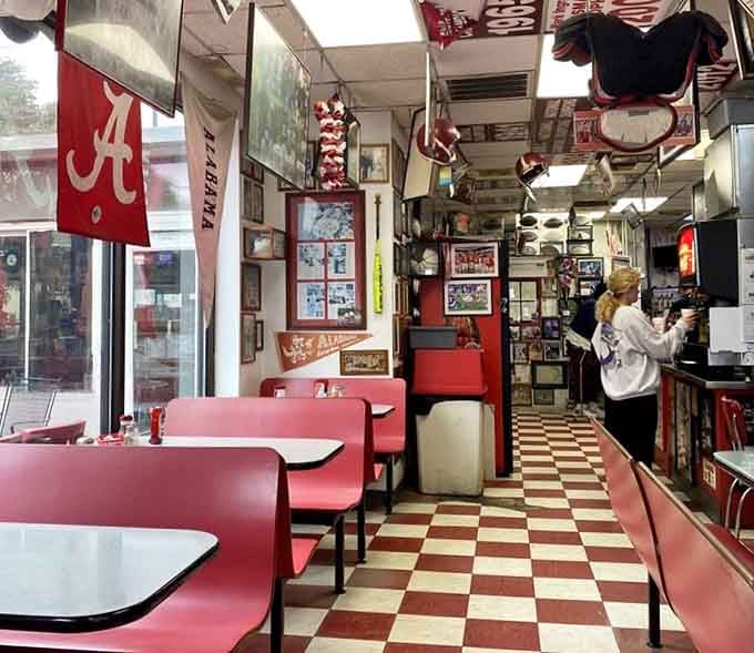 Classic checkered floors and red booths create that timeless diner vibe where calories don't count and regrets come much, much later.
