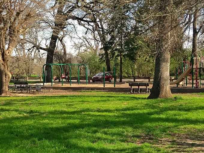 Shaded parks with mature trees and picnic tables where you can actually hear yourself think and birds singing.