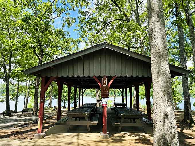 Covered picnic shelters protect your family reunion from Georgia's famously unpredictable weather patterns and surprise showers.