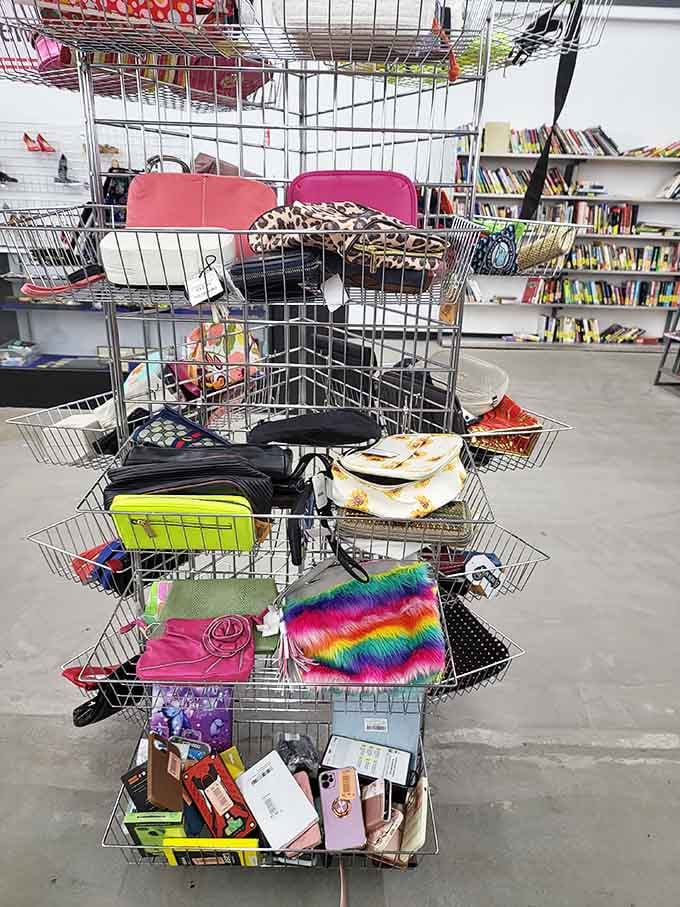 From purses to leopard print to rainbow tie-dye, this cart captures the beautiful chaos of secondhand shopping success.