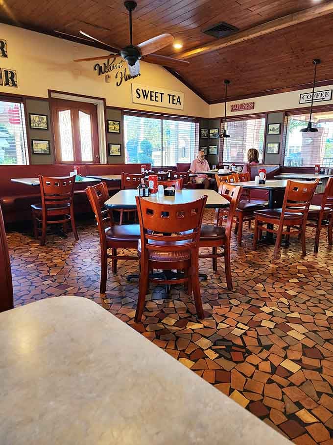Warm wood tones and comfortable seating create a dining room that feels like your favorite aunt's kitchen, only with better pie.
