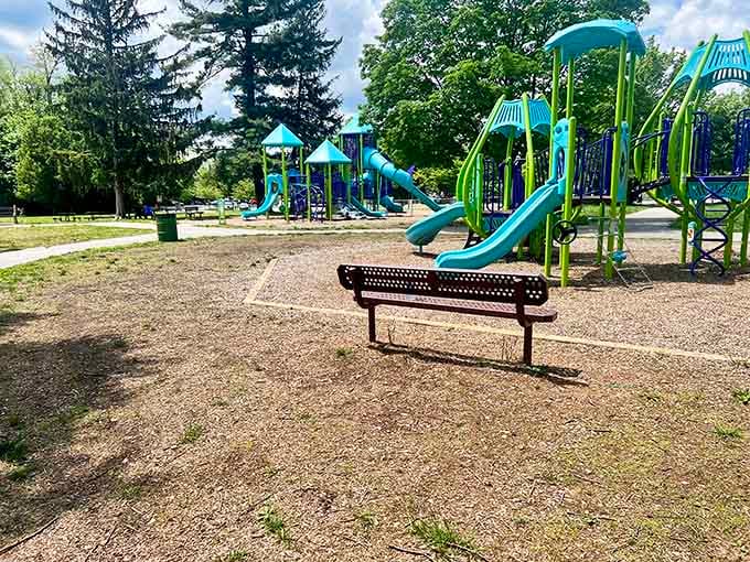 Playgrounds with bright equipment where kids can actually be kids, getting dirty and wearing themselves out.