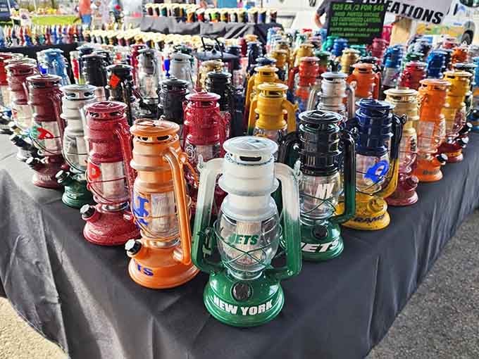 Colorful vintage lanterns creating a rainbow that Edison himself would've appreciated seeing.
