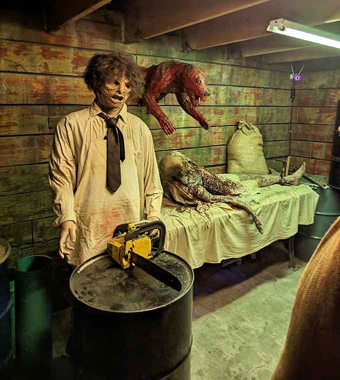 Leatherface brandishes his chainsaw like he's auditioning for a home improvement show gone horribly, delightfully wrong.