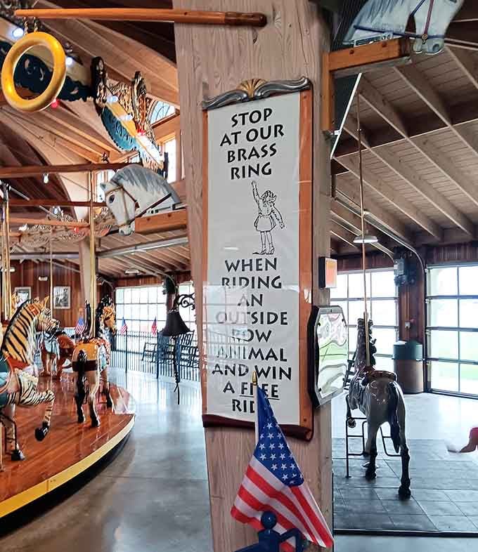 The brass ring challenge gets its own instructional signage because some traditions require explanation for the smartphone generation.