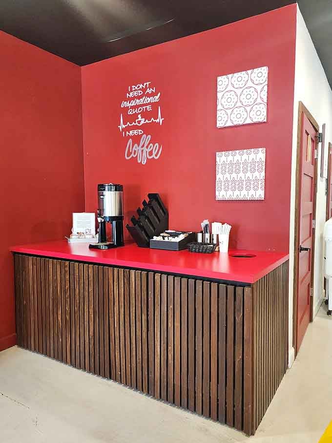 The coffee station where "I don't need an inspirational quote, I need coffee" speaks truth to power.