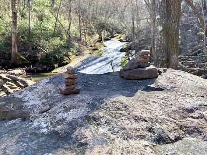 Someone's been stacking rocks, turning geology into art one balanced stone at a time here.