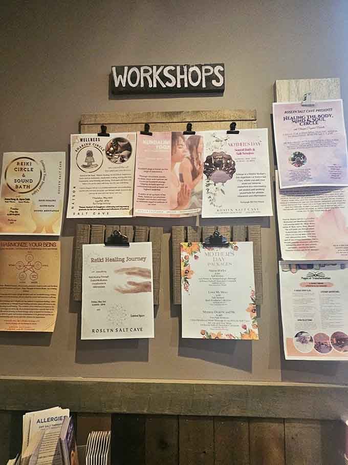 The workshop board shows there's always something new to learn about wellness and self-care here.