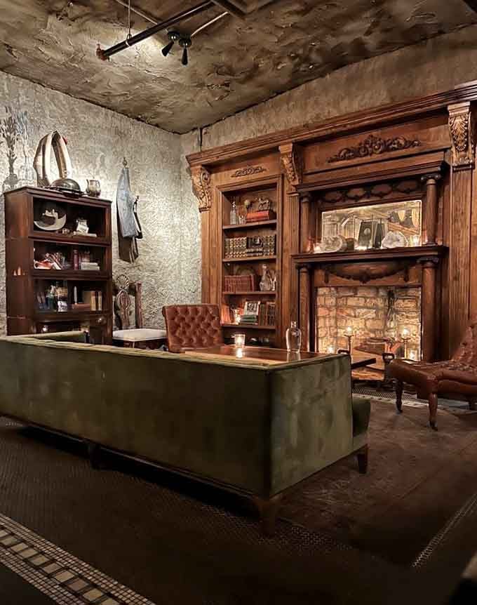 An ornate fireplace flanked by bookshelves creates the kind of cozy corner every underground restaurant needs.