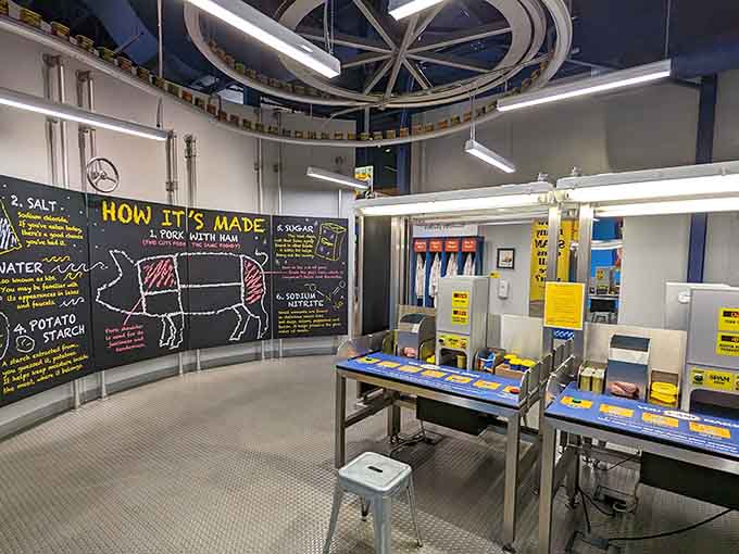 The production process display demystifies what's actually in SPAM: just pork, salt, water, potato starch, and sugar.