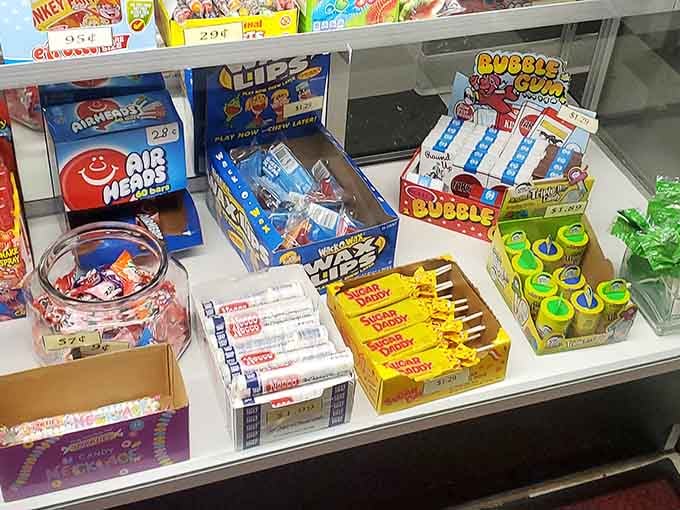 Nostalgic candies line the counter, tempting you with sweet memories from childhood you'd almost forgotten existed.